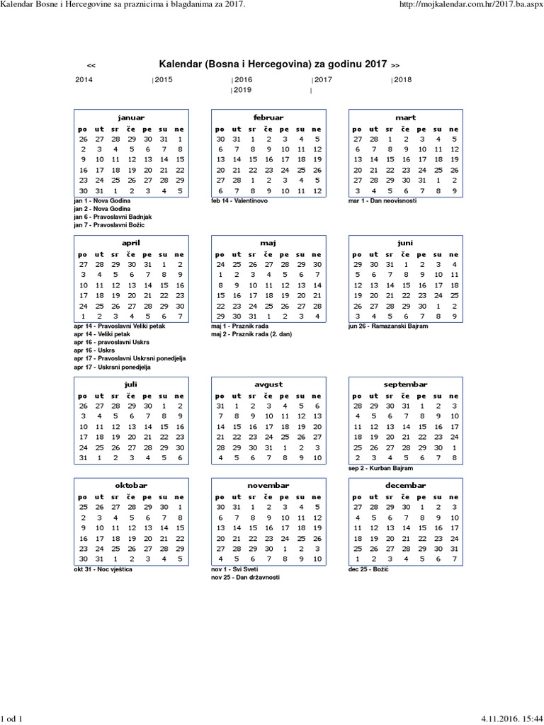 Kalendar Bosne I Hercegovine Sa Praznicima I Blagdanima Za 2017. | PDF