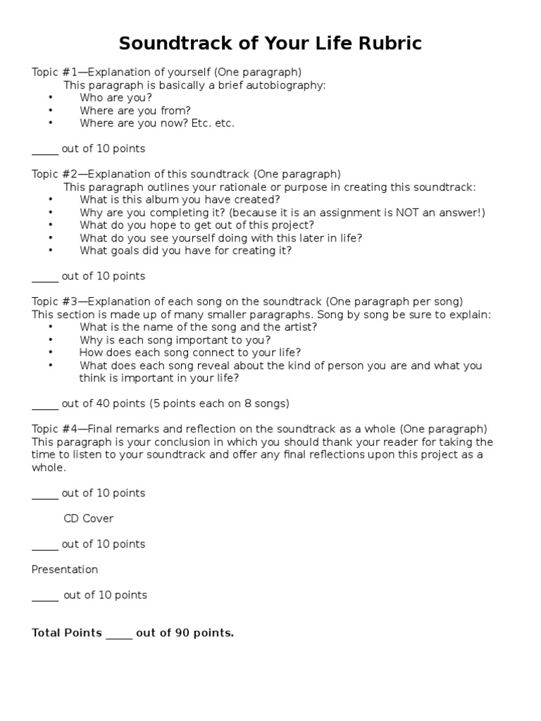 Soundtrack of Your Life Rubric | PDF