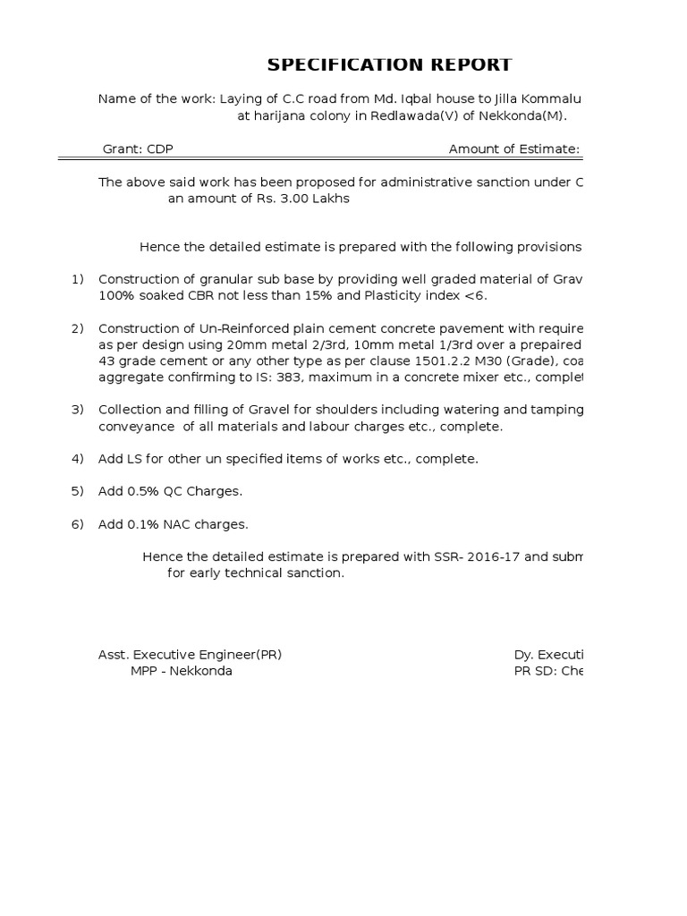 CC Road Estimate Redlawada | Road Surface | Construction Aggregate