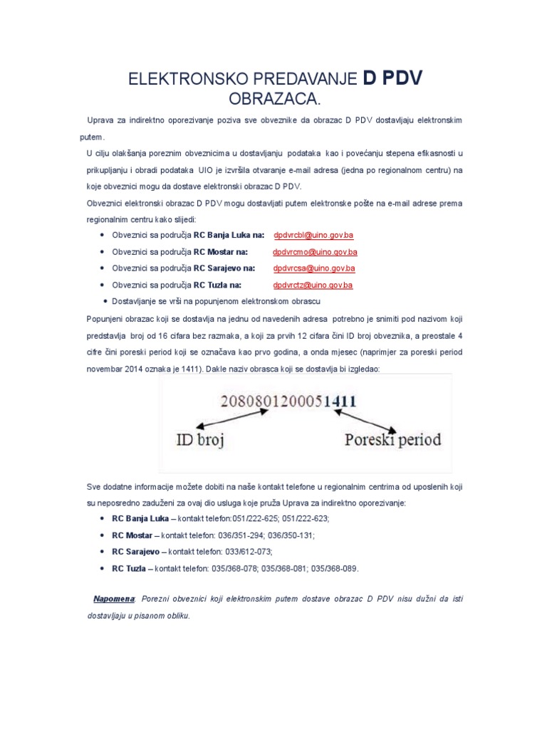 Uputstvo Elektronsko Predavanje D PDV Obrazaca | PDF