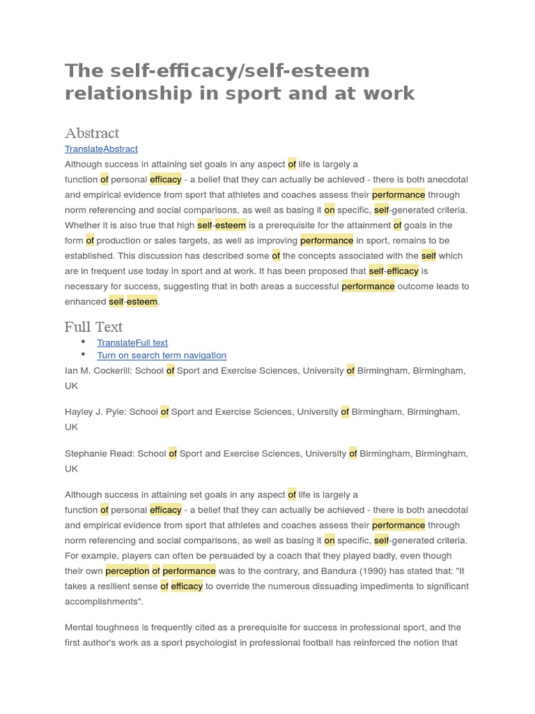 The Self-Efficacy/self-Esteem Relationship in Sport and at Work | PDF ...