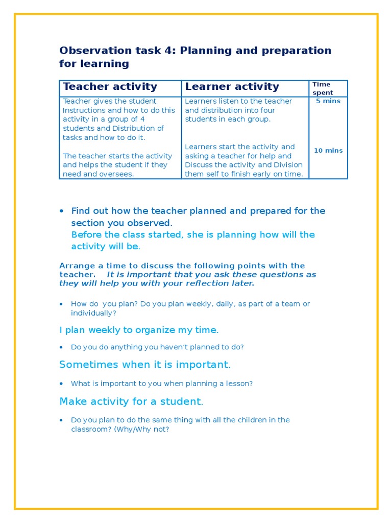 Observation Task 4: Planning and Preparation For Learning Teacher Activity Learner Activity | PDF