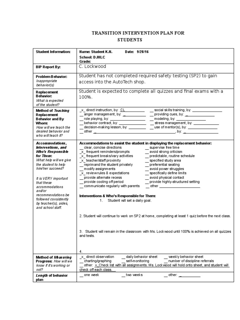 Transition Intervention Plan for Student K.N. | PDF | Teachers | Learning