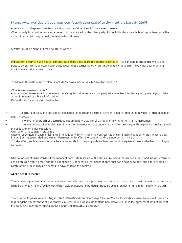 Waiver of Contractual Rights | PDF | Contractual Term | Estoppel