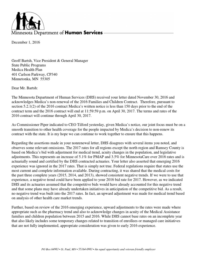 Letter From The MN Dept. of Human Services To Medica | PDF | United ...