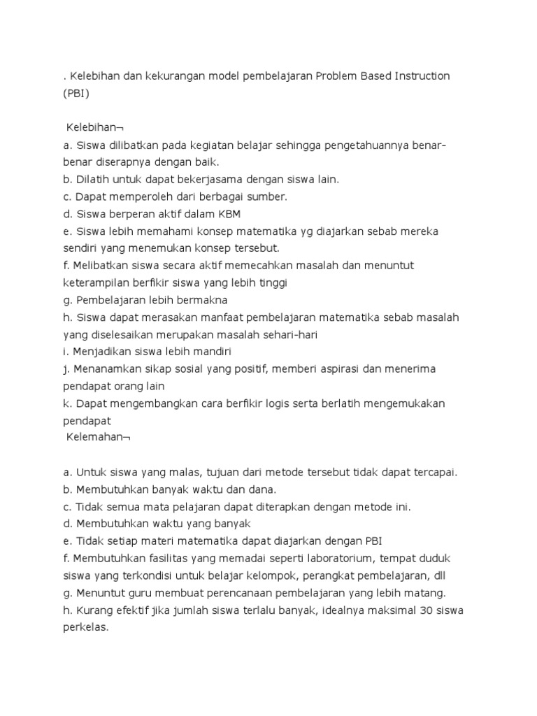 KELEBIHAN DAN KEKURANGAN MODEL PEMBELAJARAN PROBLEM BASED INSTRUCTION (PBI) | PDF