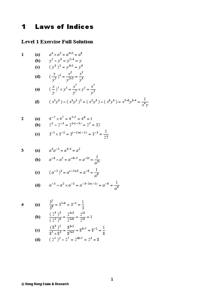 1 Laws of Indices: Level 1 Exercise Full Solution | PDF