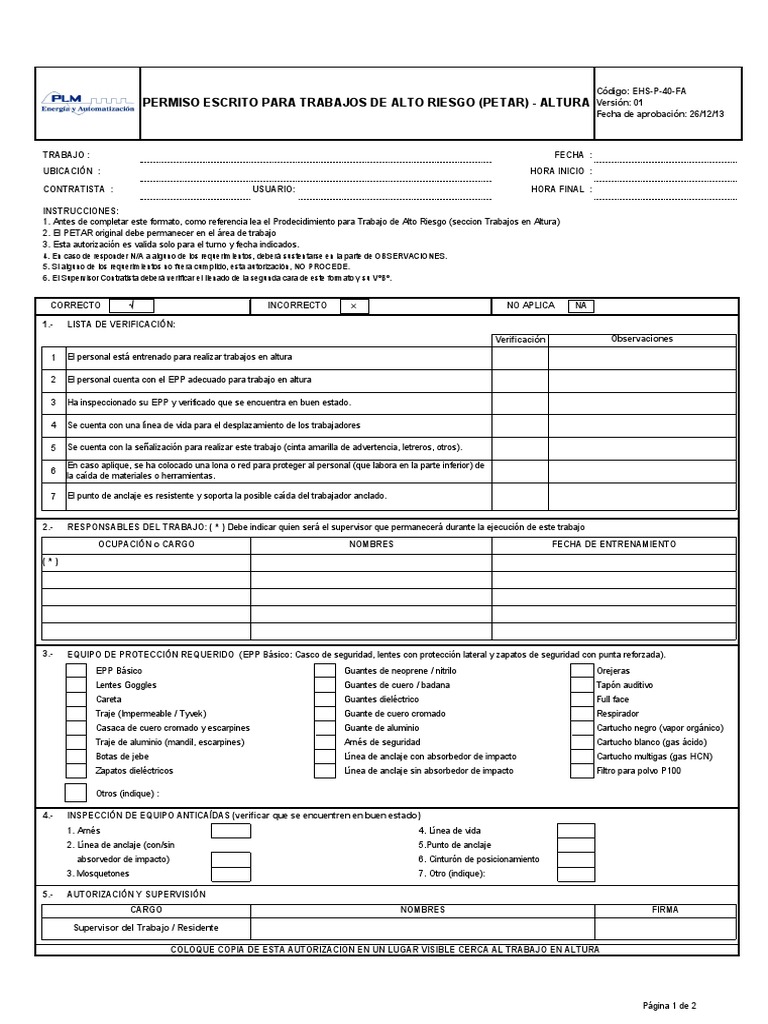 Ehs-P-40-Fa Permiso Escrito para Trabajo de Alto Riesgo (Petar) - Altura PDF | PDF | Naturaleza