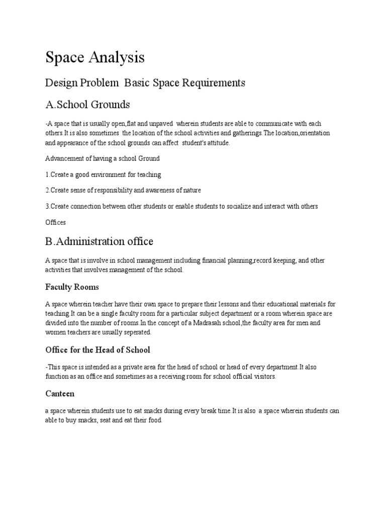 Space Analysis: Design Problem Basic Space Requirements A.School ...