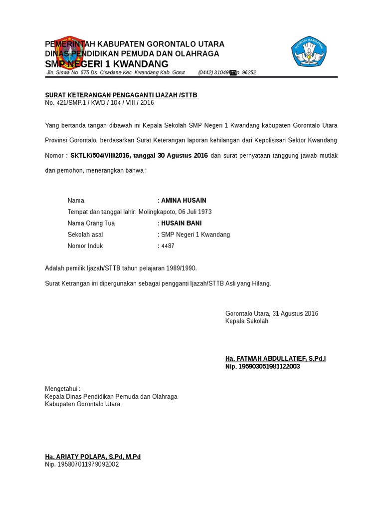 Surat Keterangan Pengaganti Ijazah STTB | PDF