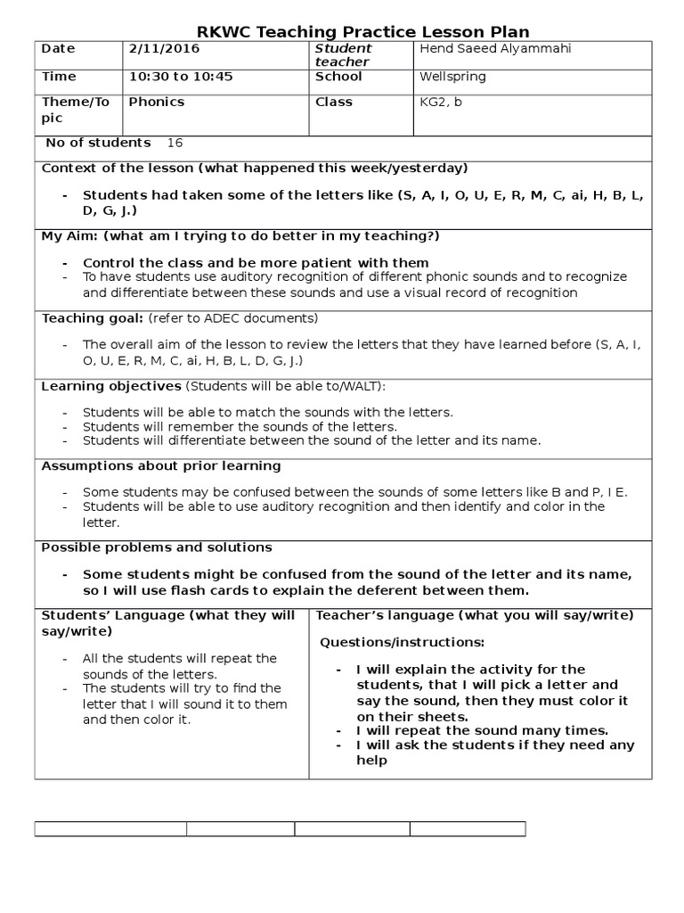 Teaching Practice Lesson Plan Willspring Hend Alyammahi | PDF | Lesson ...