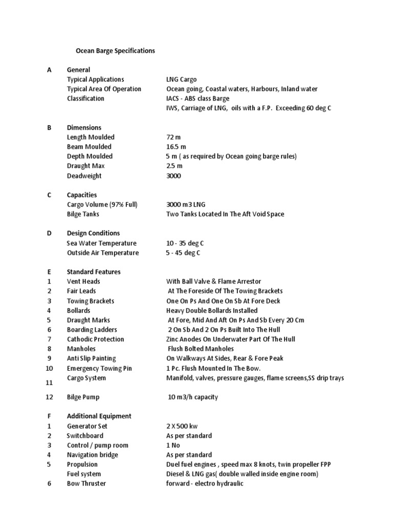 Barge Specifications | PDF | Liquefied Natural Gas | Water Transport