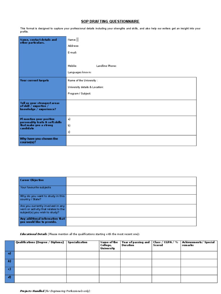 Sop Questionnaire | PDF
