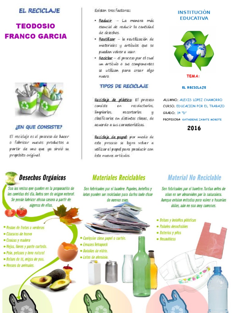 Triptico El Reciclaje | PDF | Residuos | Estudiantes