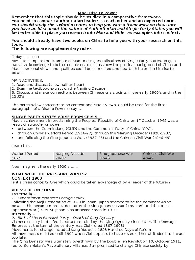 Maos Rise To Power Essay Preparation Notes | PDF | Mao Zedong ...