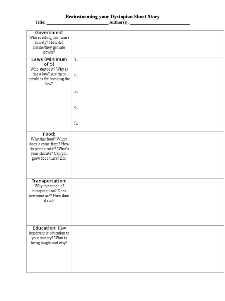 Dystopian Short Story Brainstorming Guide | PDF