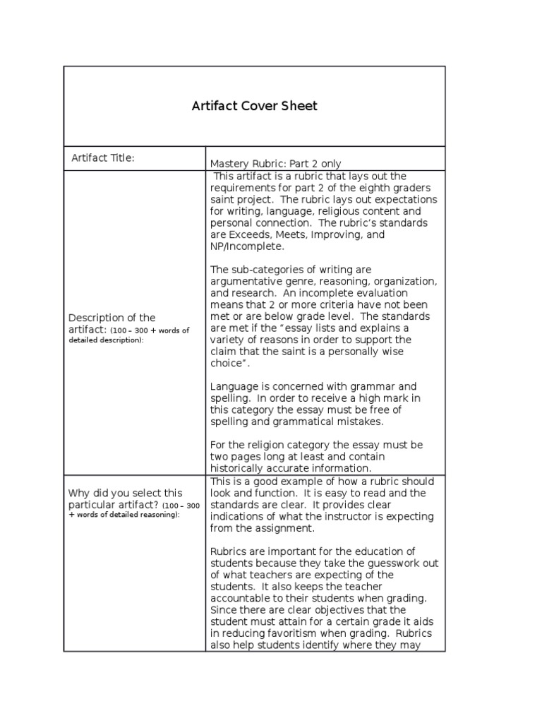 Artifact Analysis Ms 1 Cover Sheet | PDF | Rubric (Academic) | Essays