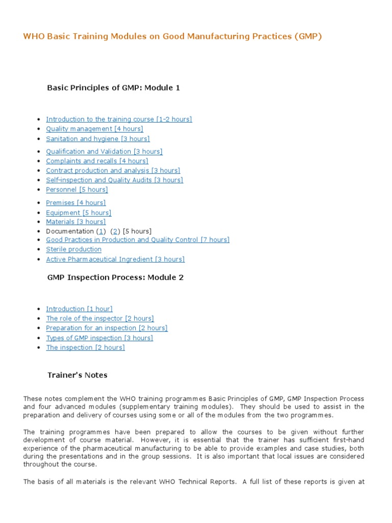 WHO Basic Training Modules On Good Manufacturing Practices | Download ...