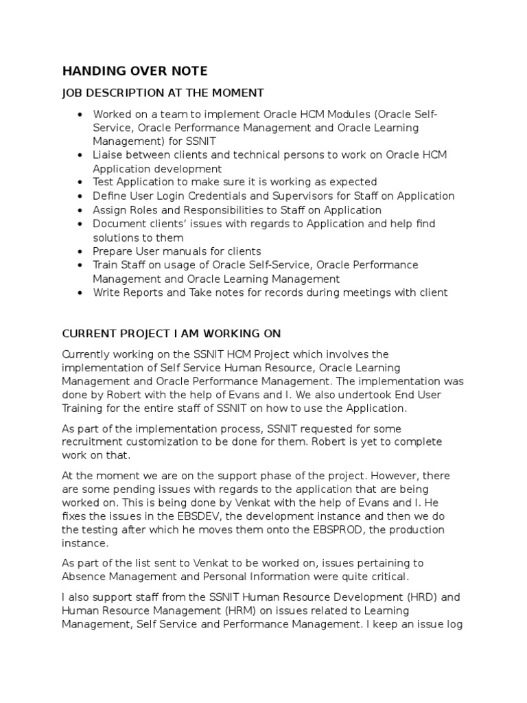 Handover Note Detailing Work on Oracle HCM Implementation Project for ...
