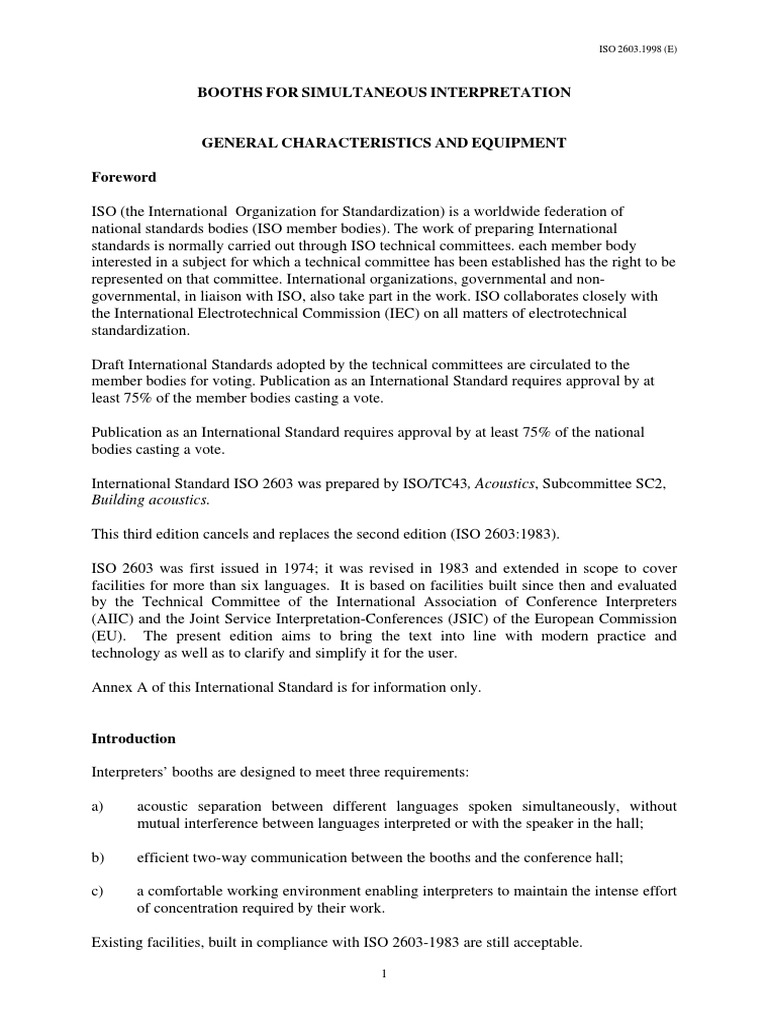 ISO 2603-1998 - Booths For Simultaneous Interpretation | PDF | International Organization For ...