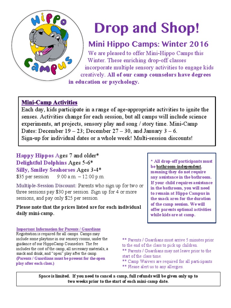 Drop and Shop!: Mini Hippo Camps: Winter 2016 | PDF