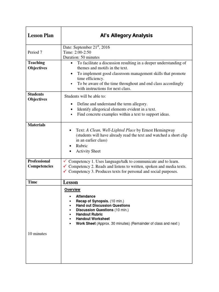 A Clean Well-Lighted Place-Lesson Plan Final | PDF | Allegory | Human ...