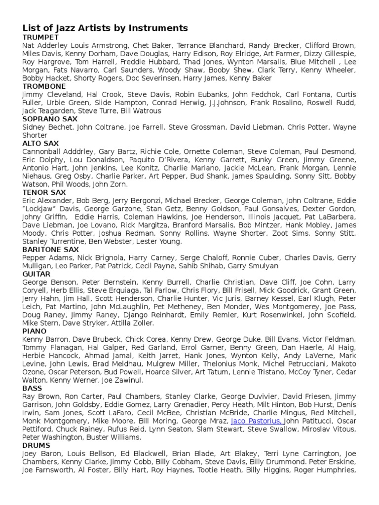 List of Jazz Artists by Instruments | PDF