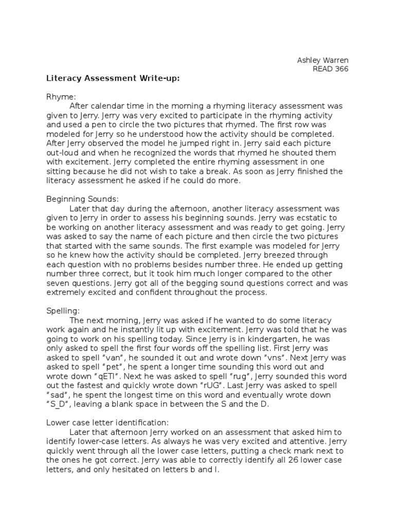 Literacy Assessment Write Up | PDF | Reading Comprehension | Writing