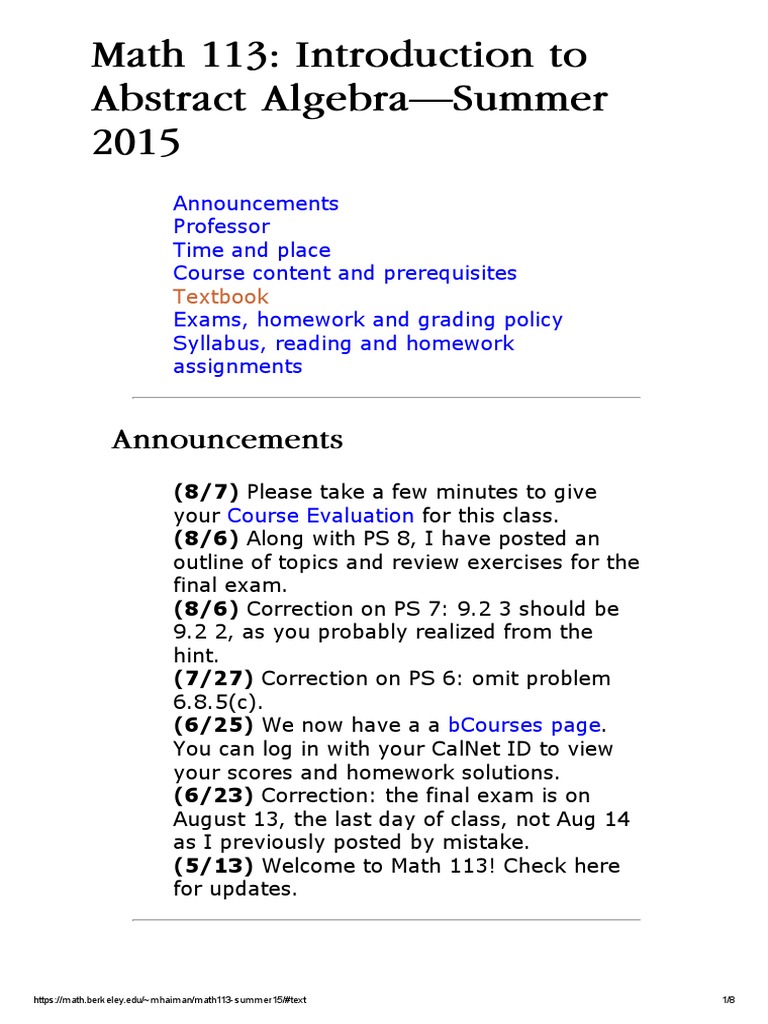 An Introduction to Abstract Algebra: Syllabus and Schedule for Math 113 Summer 2015 | PDF ...