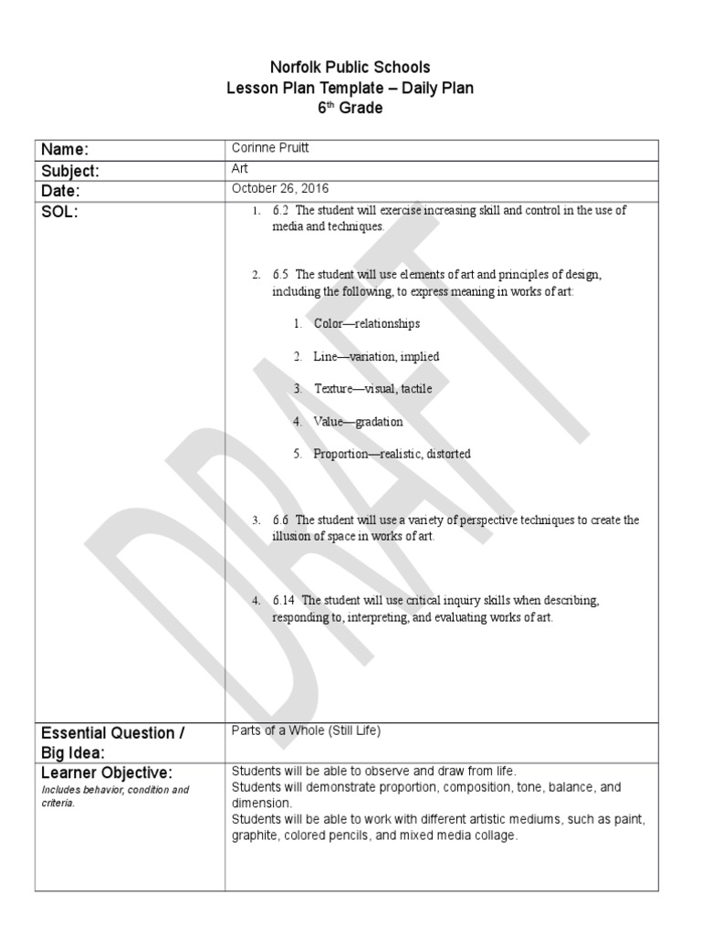 Norfolk Public Schools Lesson Plan Template - Daily Plan 6 Grade Name ...