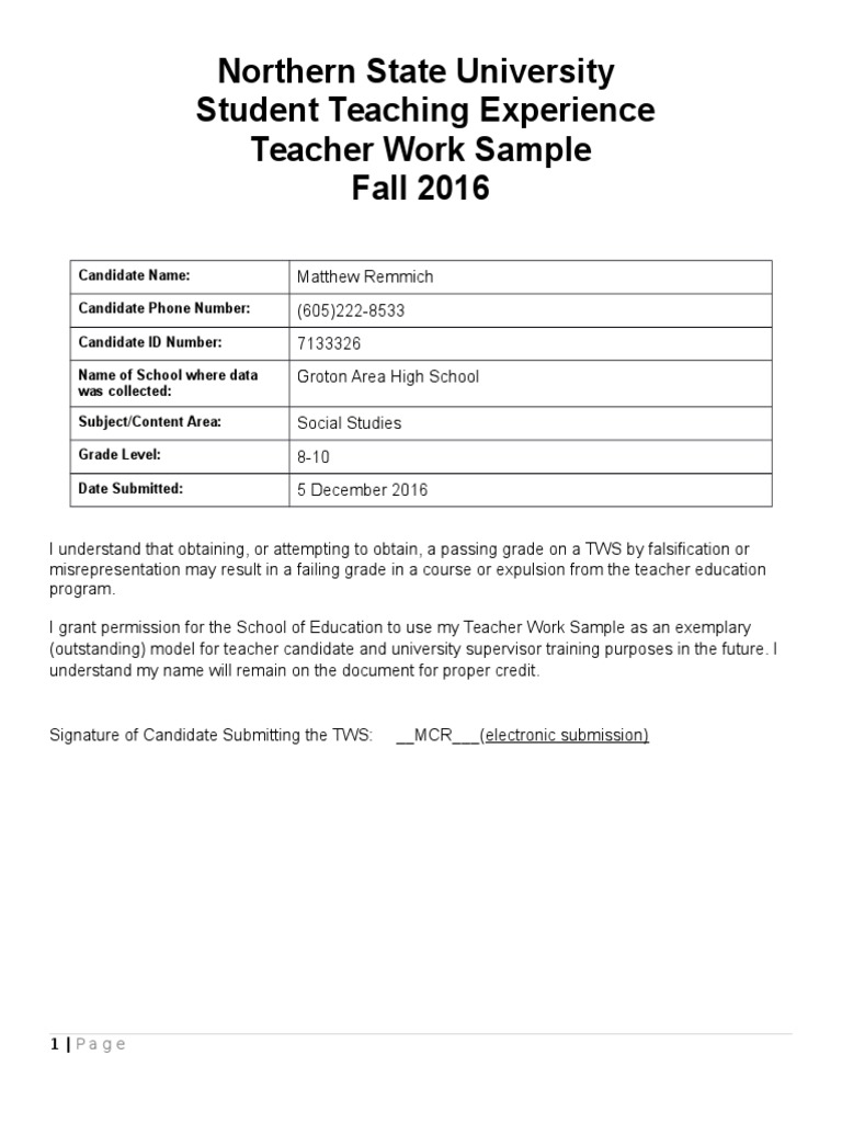 Remmich Teacher Work Sample Student Teaching | PDF | Educational ...