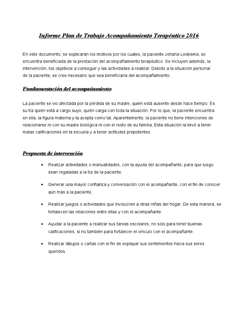 Informe Plan de Trabajo Acompañamiento Terapéutico 20166 | PDF ... Informe Plan de Trabajo Acompañamiento Terapéutico 20166 | PDF ...