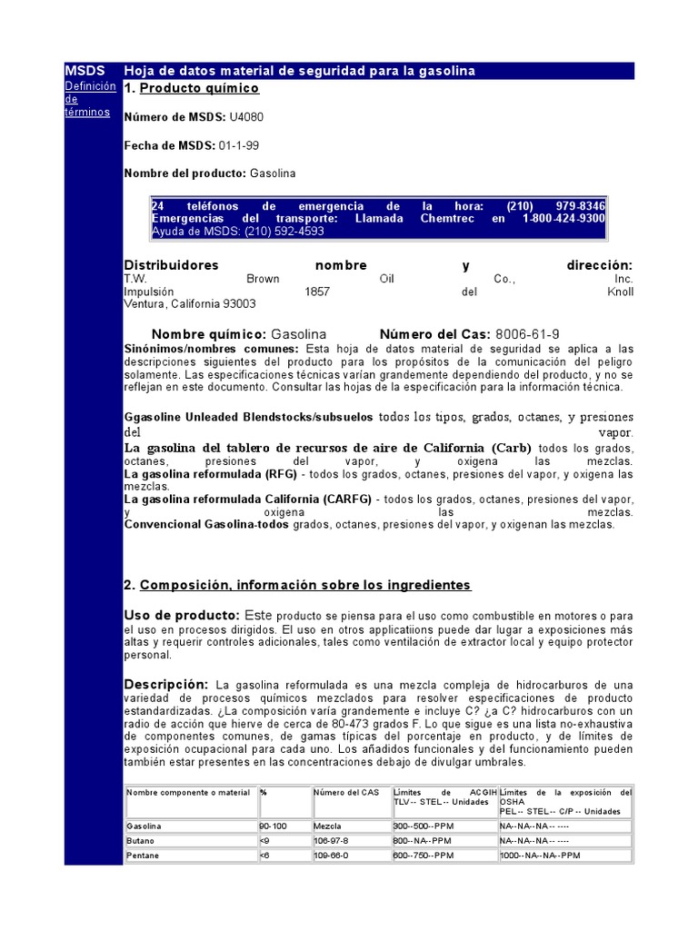 MSDS de Gasolina: Seguridad y Peligros | PDF | Administración de ...