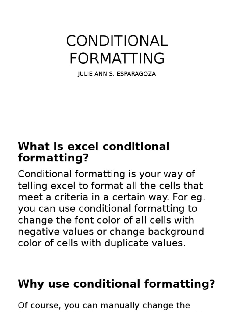 Conditional Formatting: Julie Ann S. Esparagoza | PDF