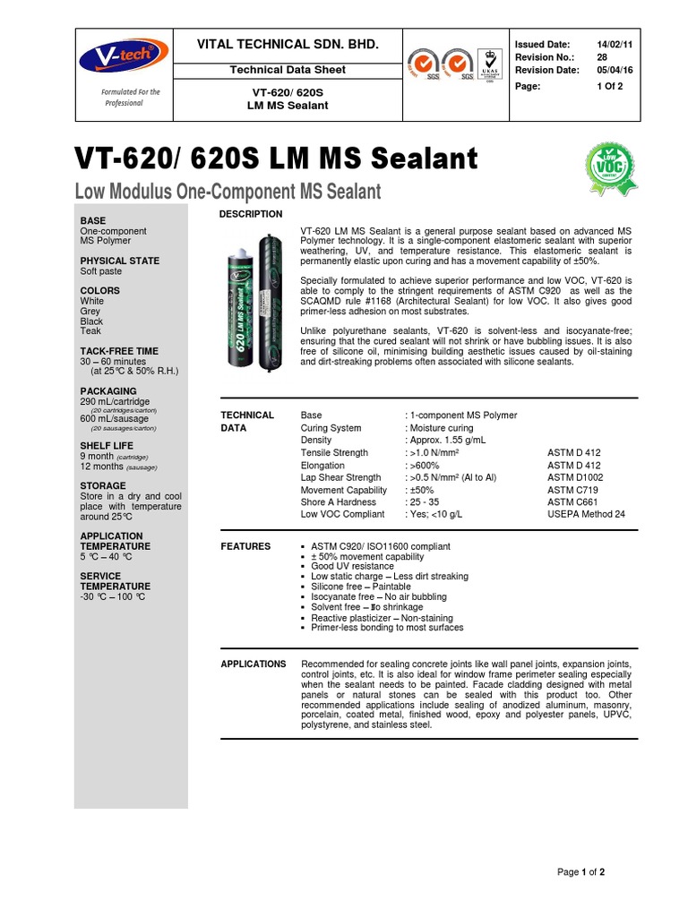 VT-620/ 620S LM MS Sealant | PDF | Silicone | Building Engineering