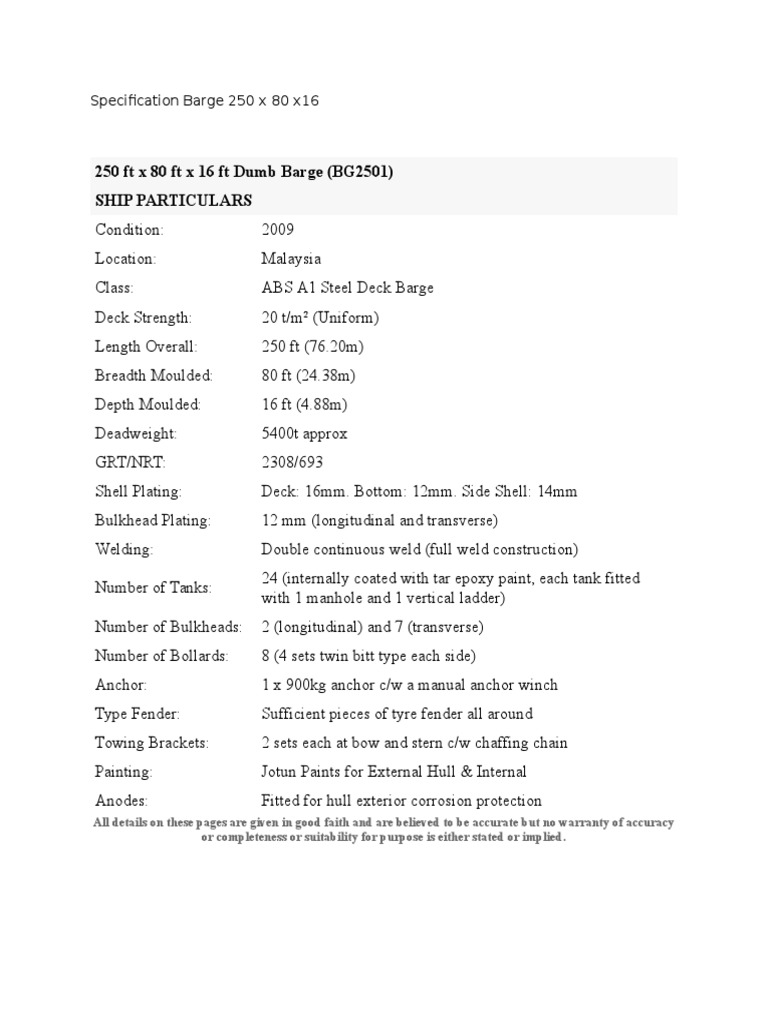 Specifications for 250 ft Barge BG2501 | PDF