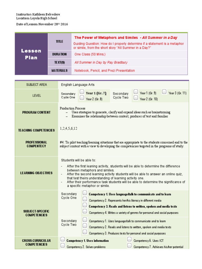 Lesson Metaphor and Simile | PDF | Metaphor | Lesson Plan
