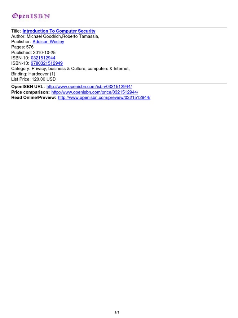 Addison Wesley: Introduction To Computer Security | PDF | Hypertext ...