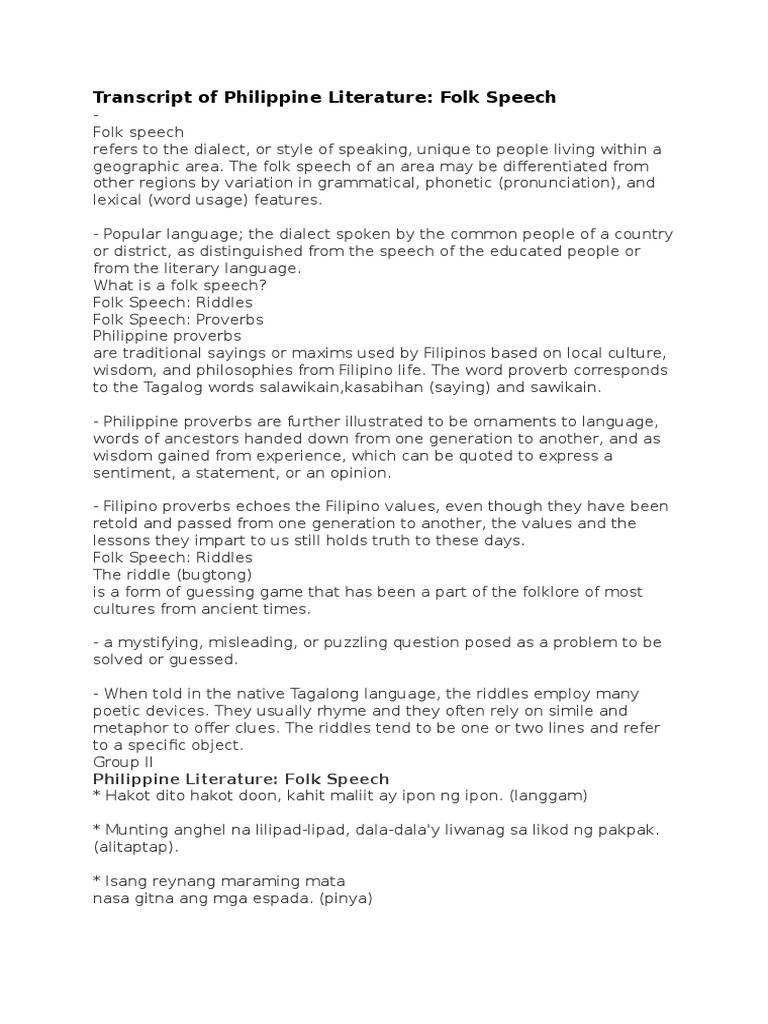 Philippine Folk Speech: Proverbs, Riddles & Dialects | PDF | Riddle ...