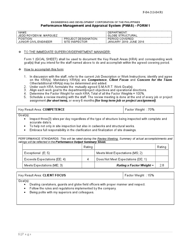 Performance Management and Appraisal System (PMAS) - FORM 1 ...