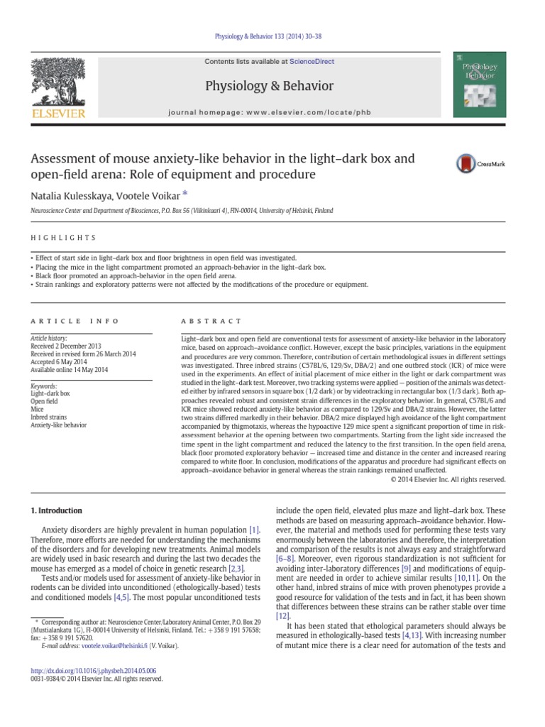 Assesment of Mouse Anxiety 2014 Natalia Kulesskaya | PDF | Ethology | Light