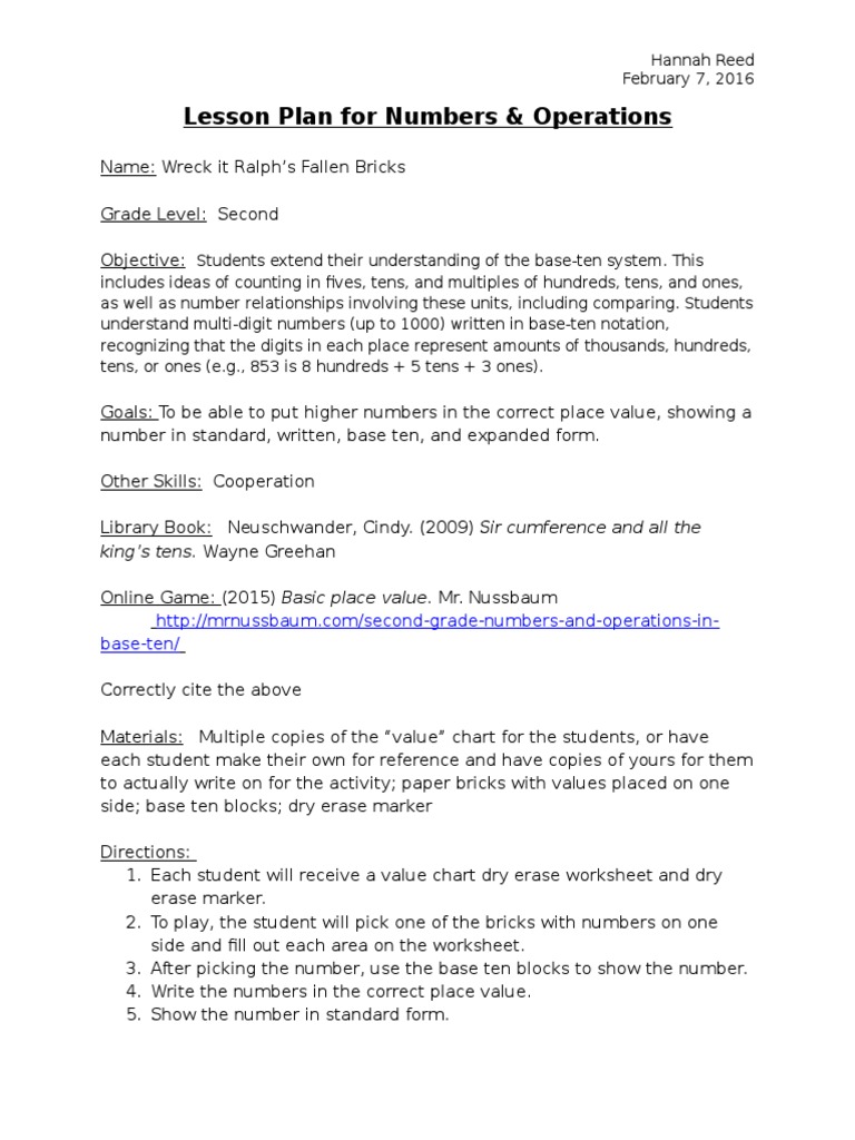 Lesson Plan For Number and Operations Game | PDF