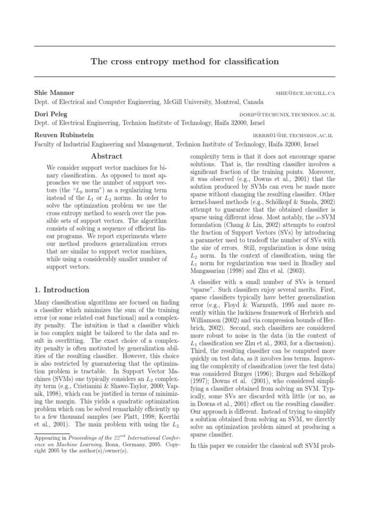 The Cross Entropy Method For Classification | PDF | Support Vector Machine | Statistical ...