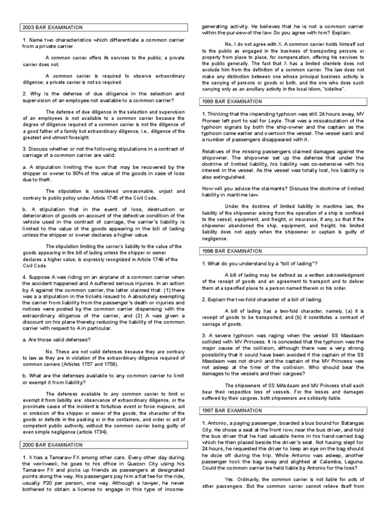 1984-2007 Transpo Bar Qs | PDF | Common Carrier | Negligence
