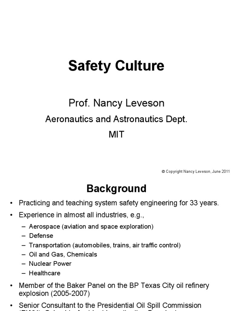 Safety Culture: Prof. Nancy Leveson | PDF | Safety | Employment