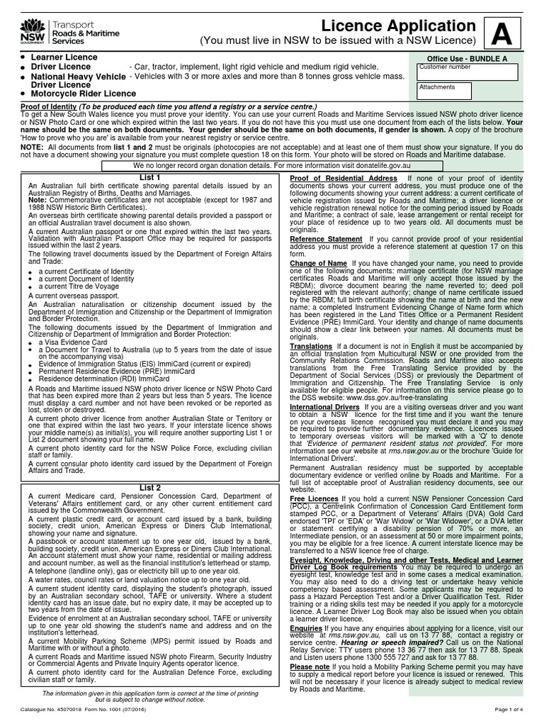 NSW Licence Application Guide (RMS 1001) | PDF | Identity Document ...
