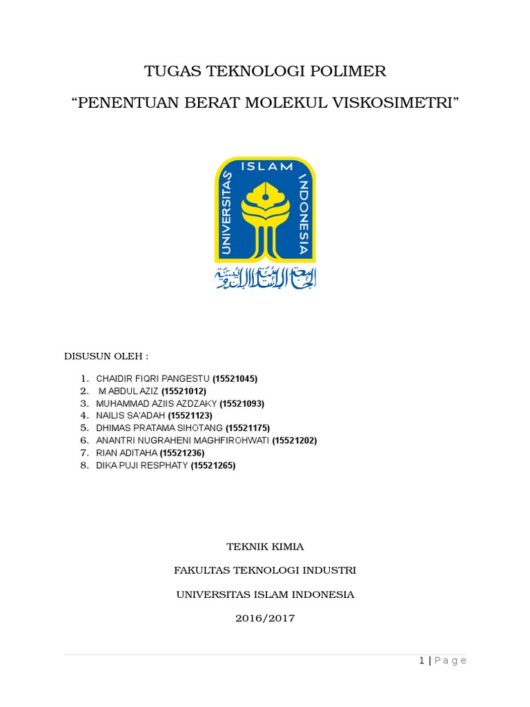 (Tugas) Penentuan Berat Molekul Polimer | PDF