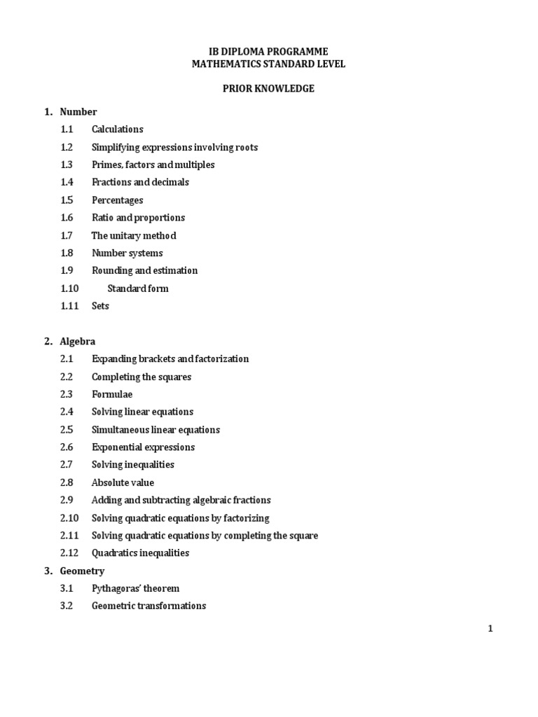Ib Diploma Programme Mathematics Standard Level Prior Knowledge 1 ...