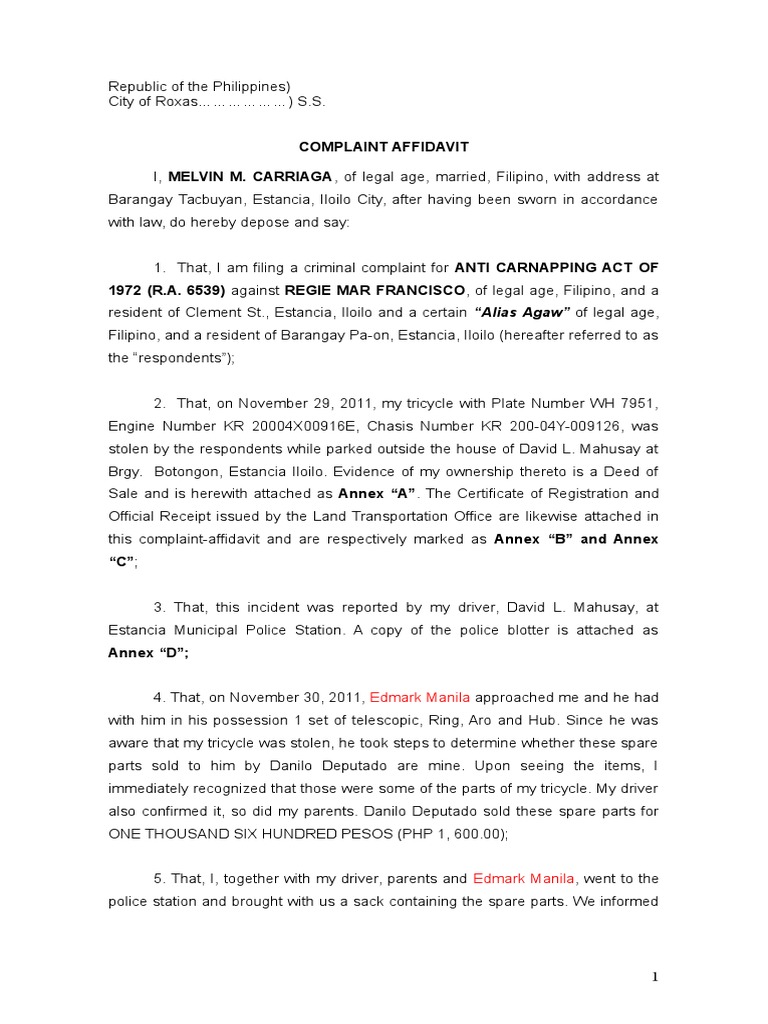 Complaint Affidavit Carnapping | PDF | Affidavit | Common Law