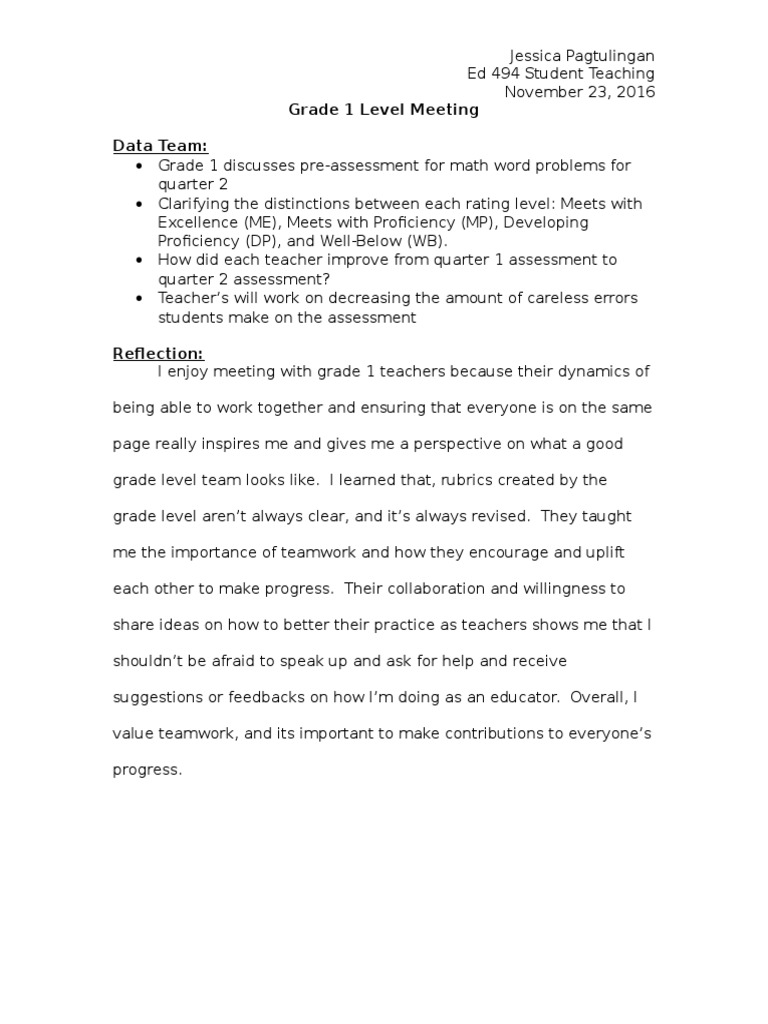 Grade 1 Level Meeting | PDF | Rubric (Academic) | Educational Psychology